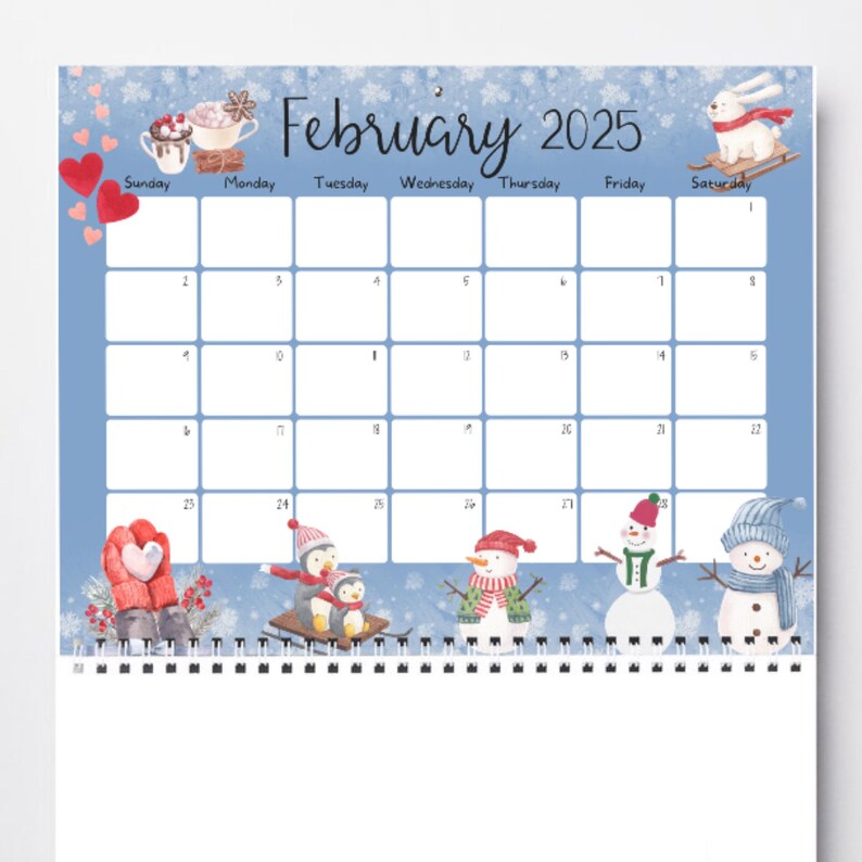 EDITABLE February 2025 Calendar, Beautiful Winter, Snowman and Penguins ...