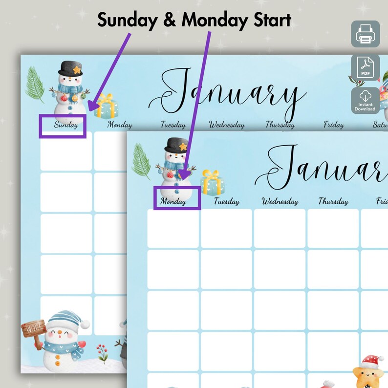 EDITABLE January Calendar, Beautiful Winter, Happy Snowmen, New Year ...