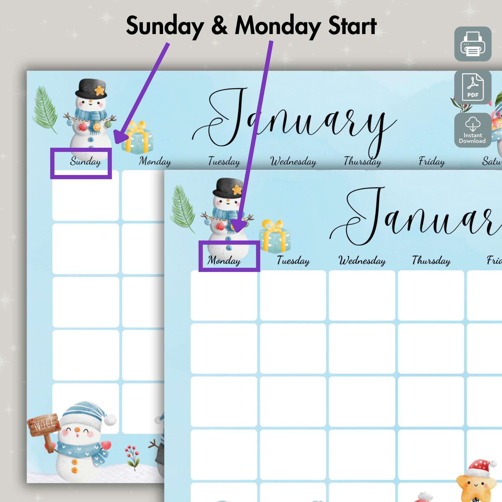 EDITABLE January Calendar, Beautiful Winter, Happy Snowmen, New Year ...