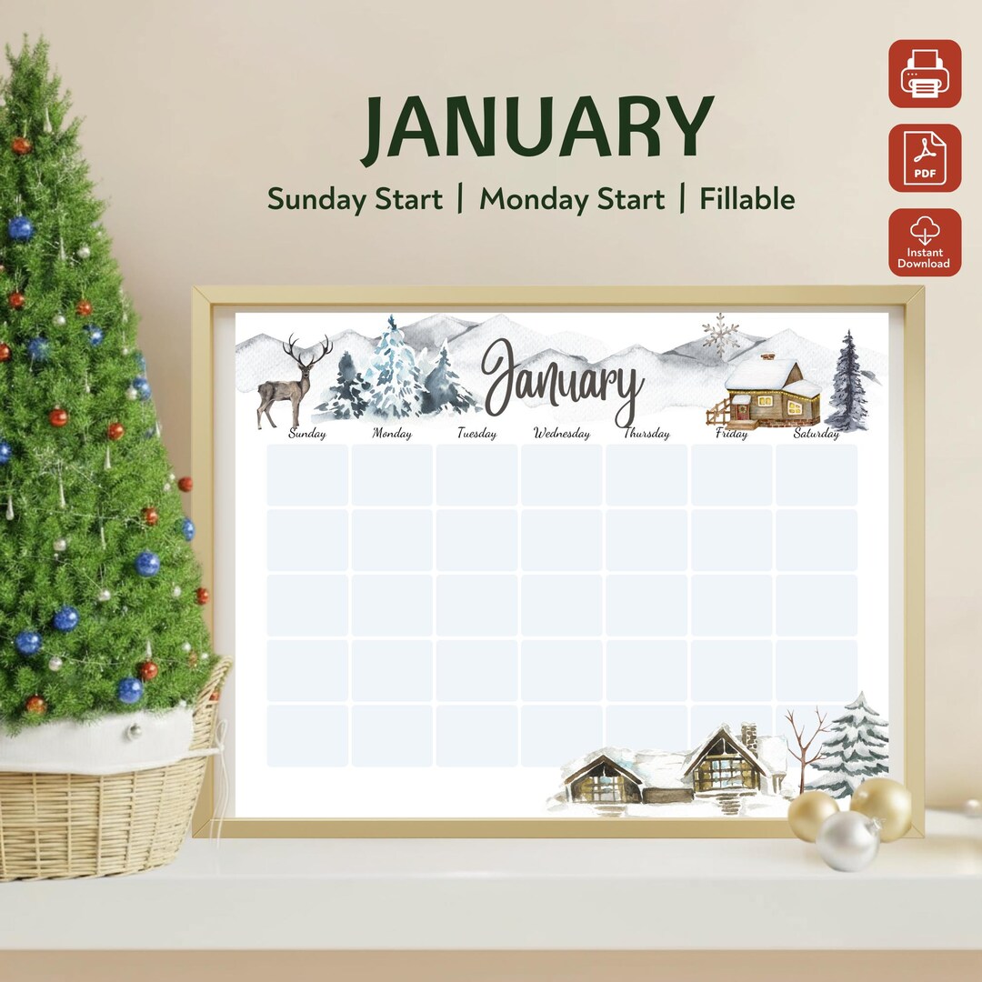 EDITABLE January Calendar, Beautiful Winter in a Countryside, Snowy ...