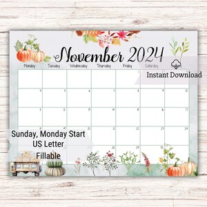 EDITABLE November 2024 Calendar, Colorful Pumpkins, Printable Planner ...