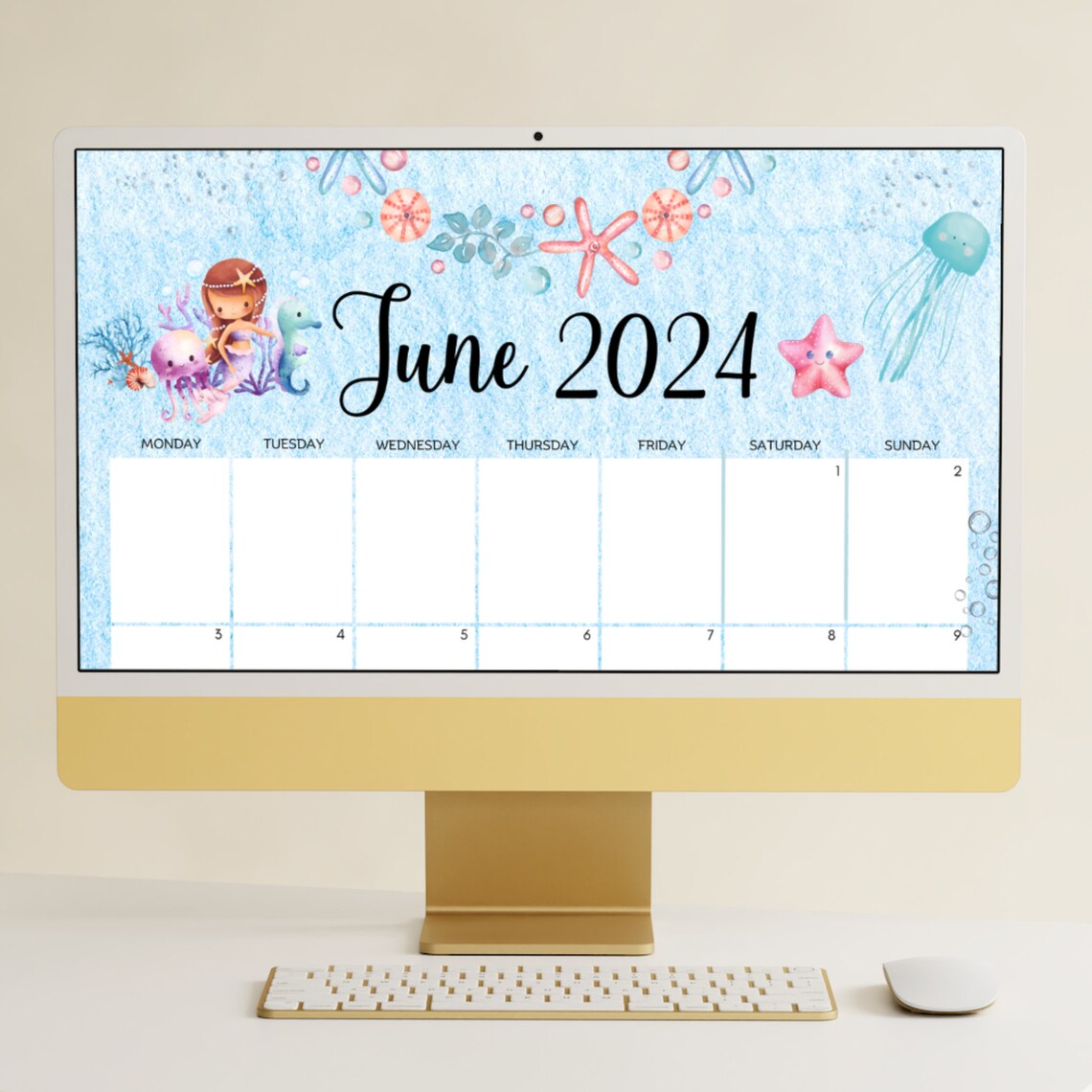 EDITABLE June 2024 Calendar, Wonderful Summer With Cute Sea Creatures ...