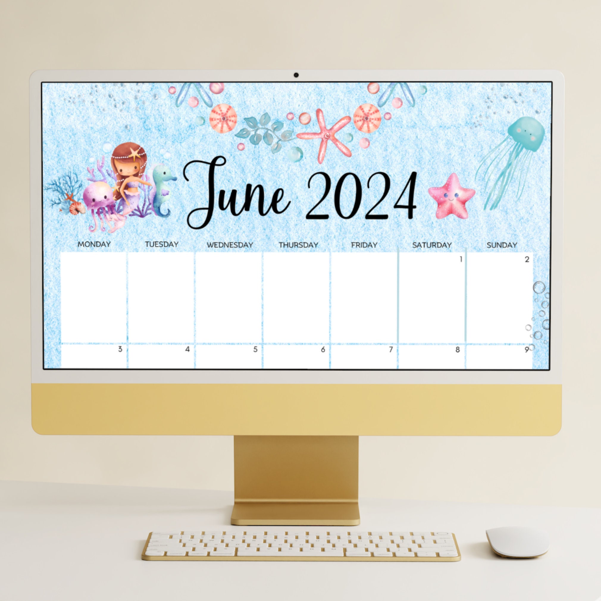 EDITABLE June 2024 Calendar, Wonderful Summer With Cute Sea Creatures ...