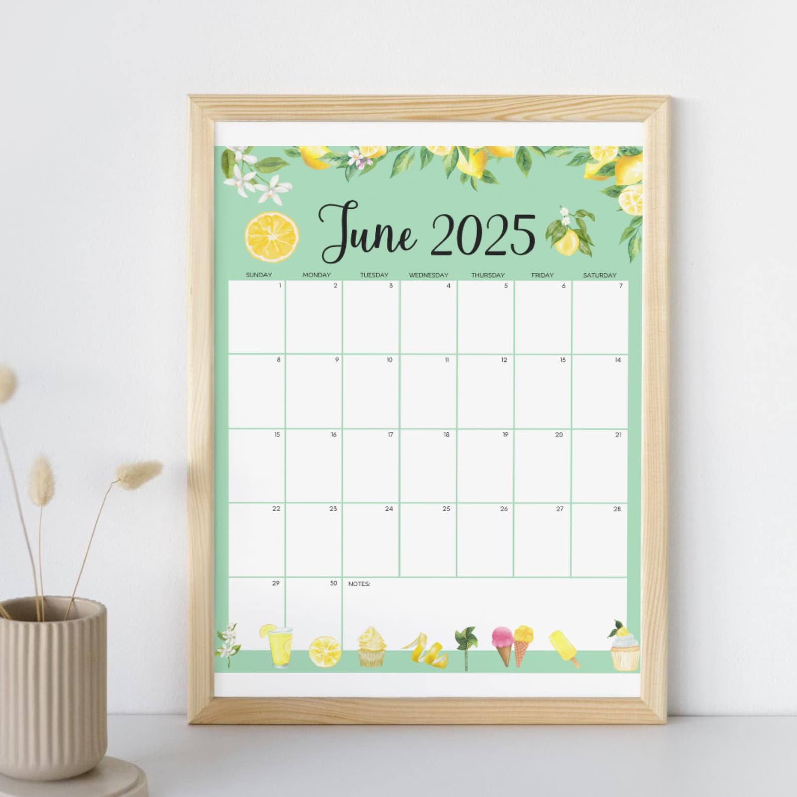 EDITABLE June 2025 Calendar, Yellow Lemons, Delicious Ice Creams, Green ...