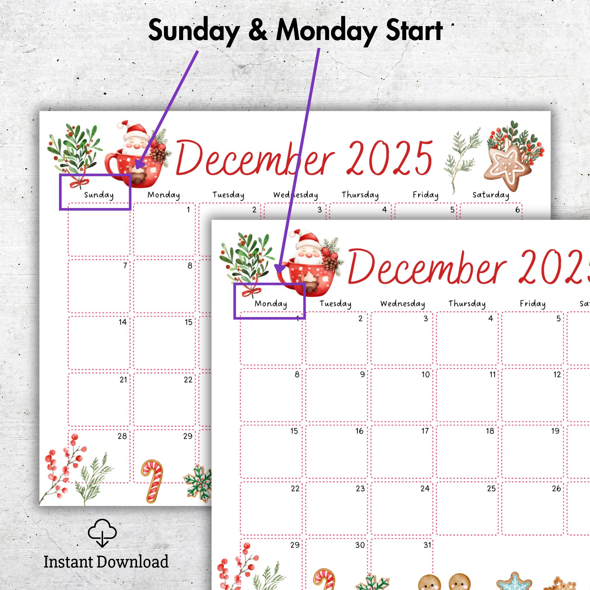 December 2025 Printable Calendar, Christmas Themed Monthly Planner ...