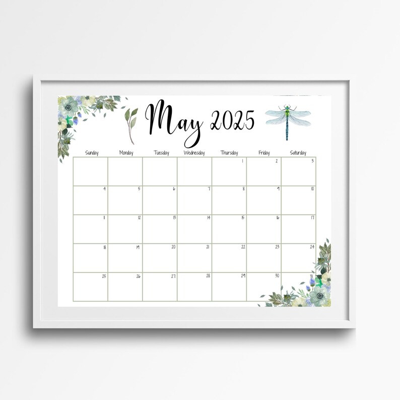 Editable/printable May 2025 Calendar, Green Flowers, Beautiful ...