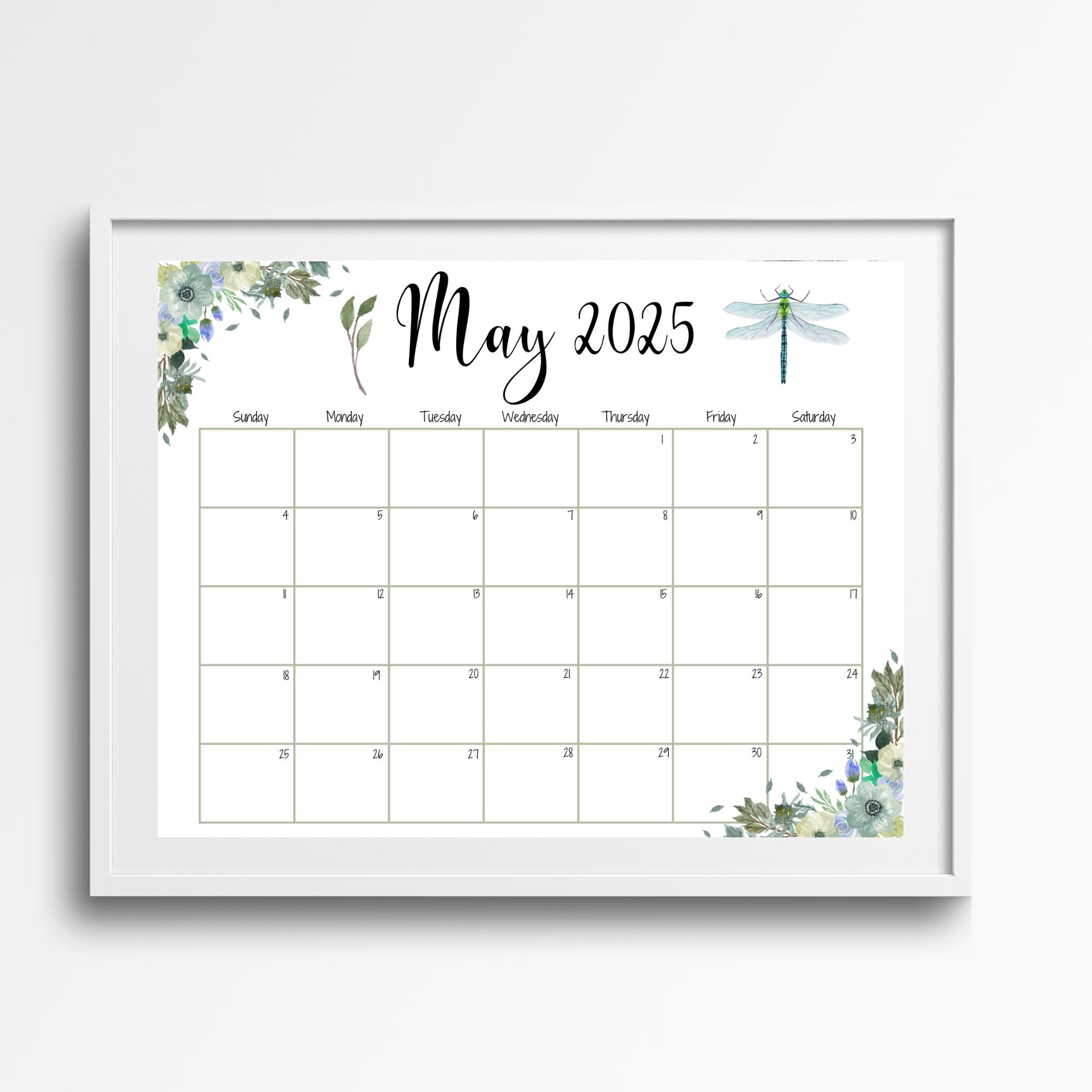 Editable/printable May 2025 Calendar, Green Flowers, Beautiful ...
