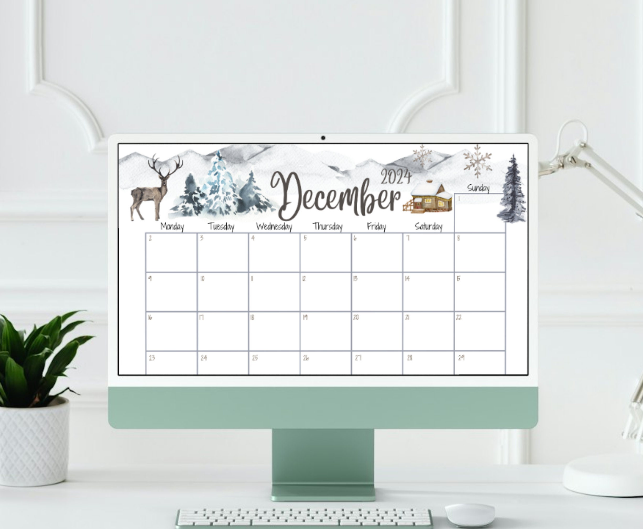 EDITABLE December 2024 Calendar, Snowy House on the Hill and Reindeer ...