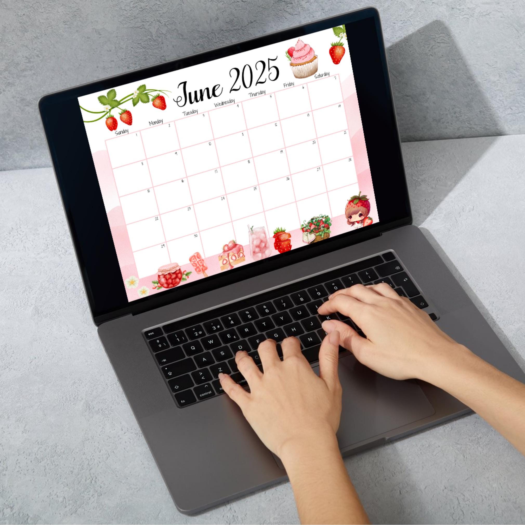 Strawberry-themed June 2025 Calendar, Printable Monthly Planner, US ...