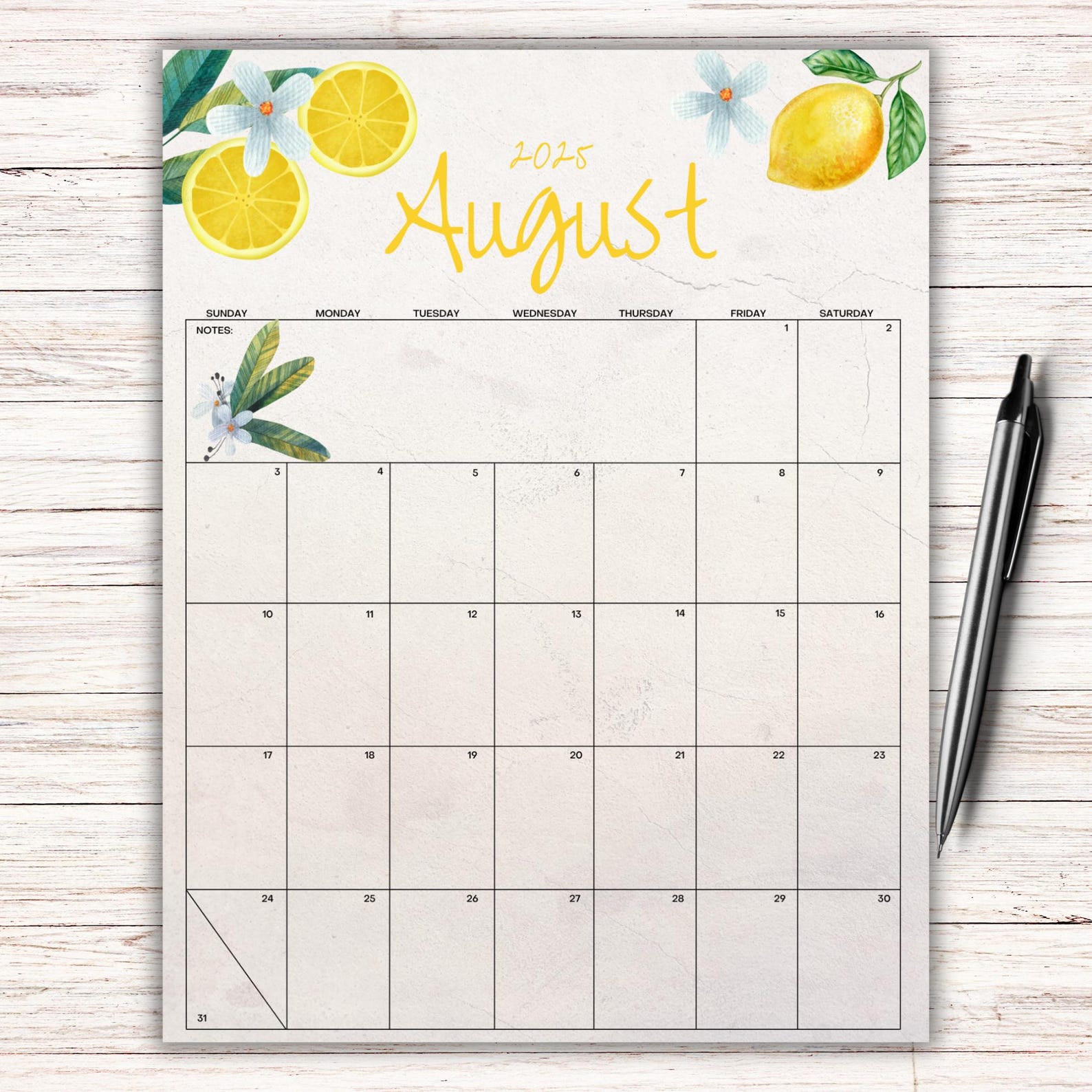 Printable August 2025 Calendar, Beautiful Yellow Lemons, Homeschool ...