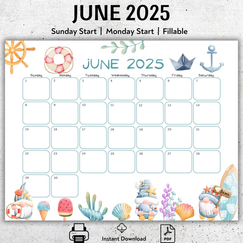 June 2025 Nautical Printable Calendar, Beach Theme Monthly Planner ...