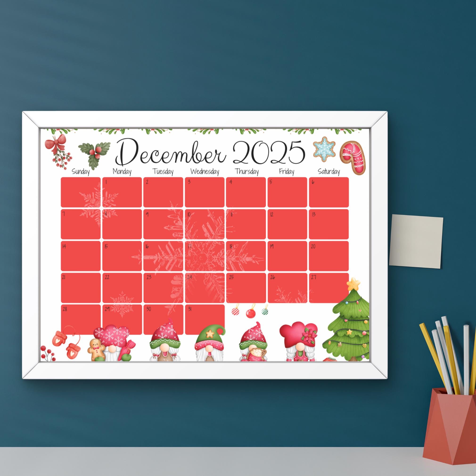 EDITABLE December 2025 Calendar, Happy Christmas, Cute Gnomes ...