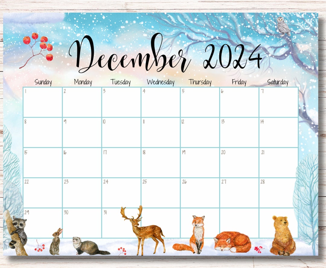 EDITABLE December 2024 Calendar, Cute Animals, Beautiful Winter ...