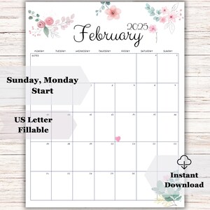 EDITABLE February 2025 Calendar, Simple Monthly Schedule, Flowered ...