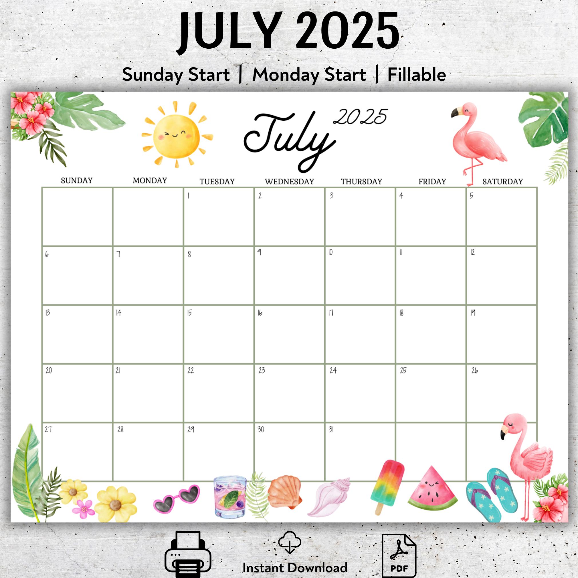 EDITABLE July 2025 Calendar, Beautiful Colorful Summer, Monthly Planner ...