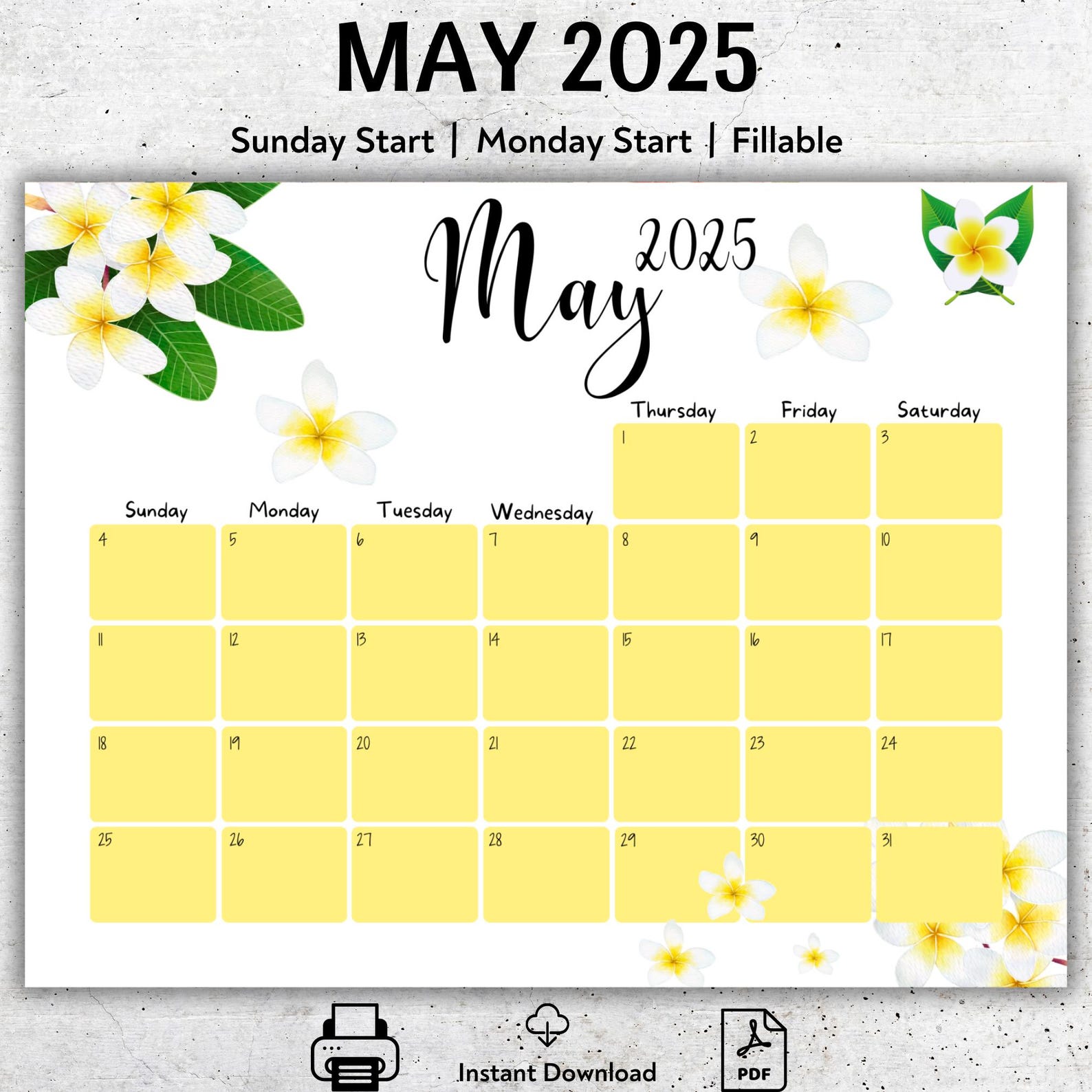 Editable/printable May 2025 Calendar, Yellow and White Flowers, Mother ...