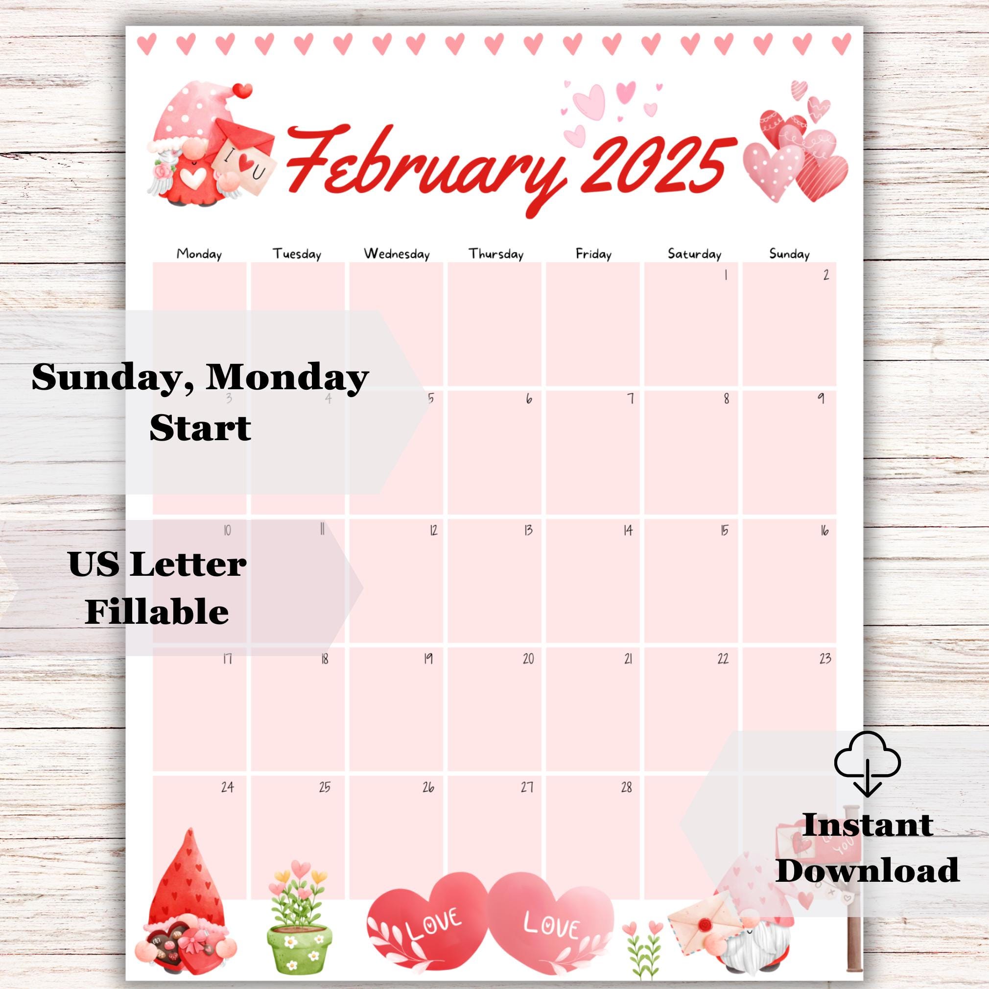 EDITABLE February 2025 Calendar, Valentine’s Day, Cute Gnoms, Printable ...
