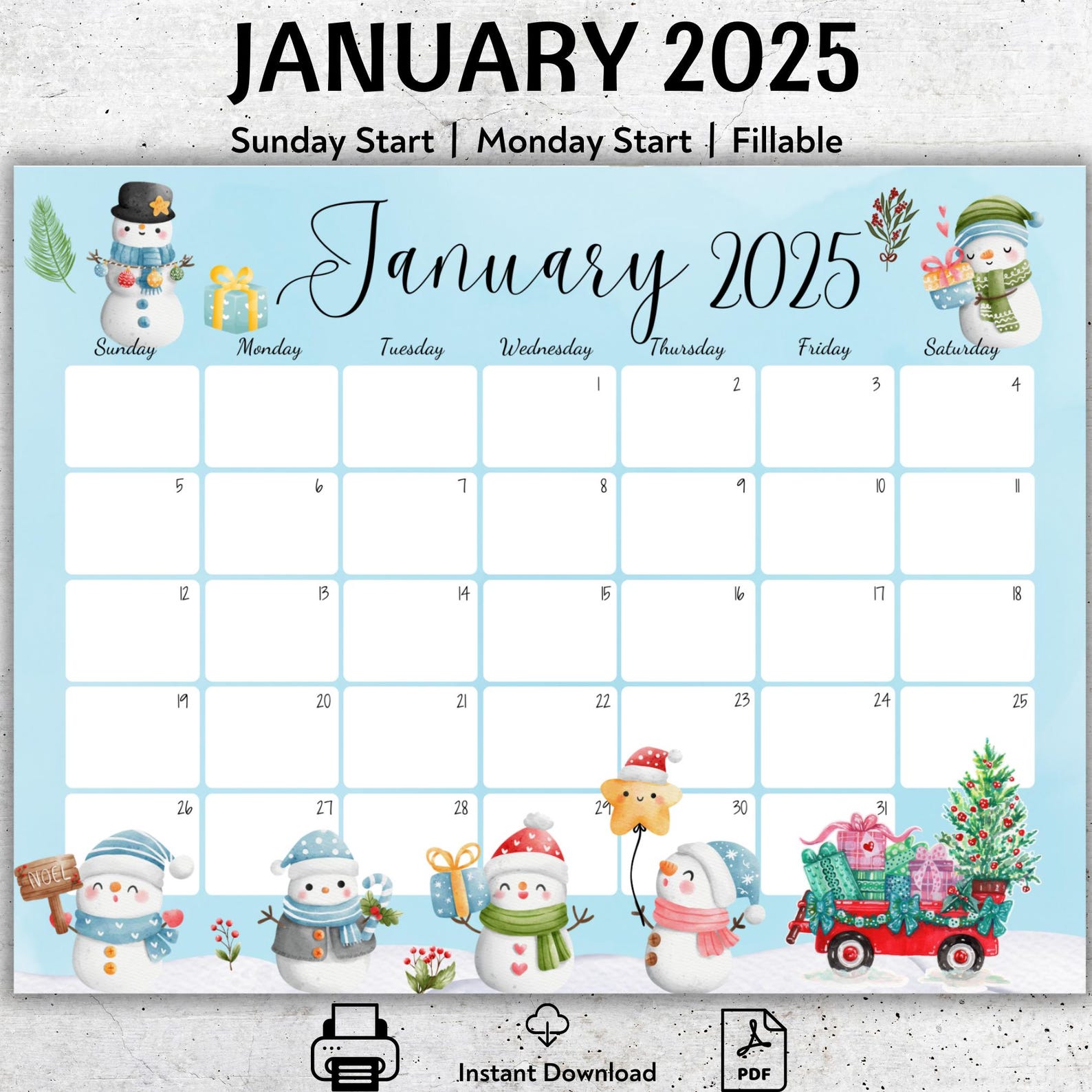 EDITABLE January 2025 Calendar, Beautiful Winter, Happy Snowmen, New ...