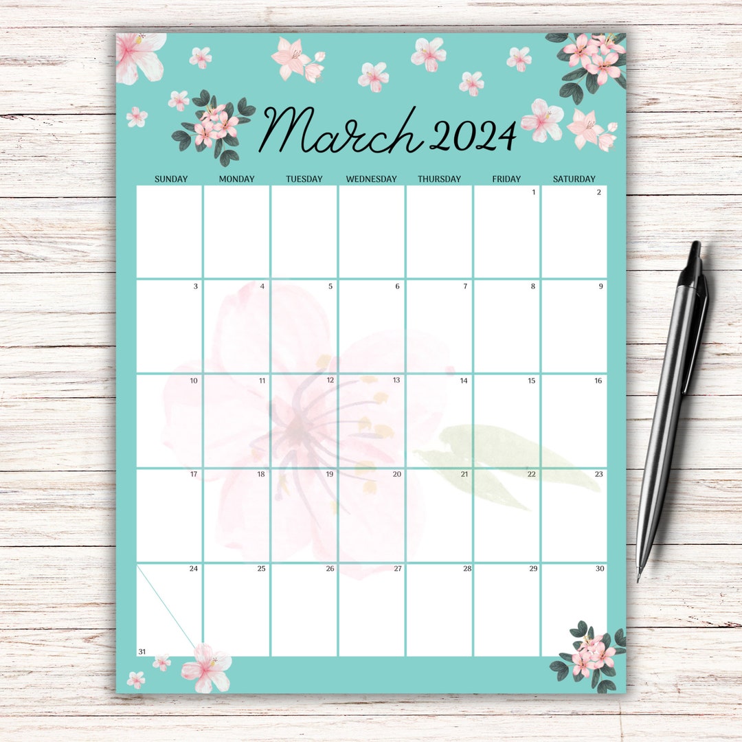 Editable Printable 2024 March Calendar, 2024 March Planner, Floral ...