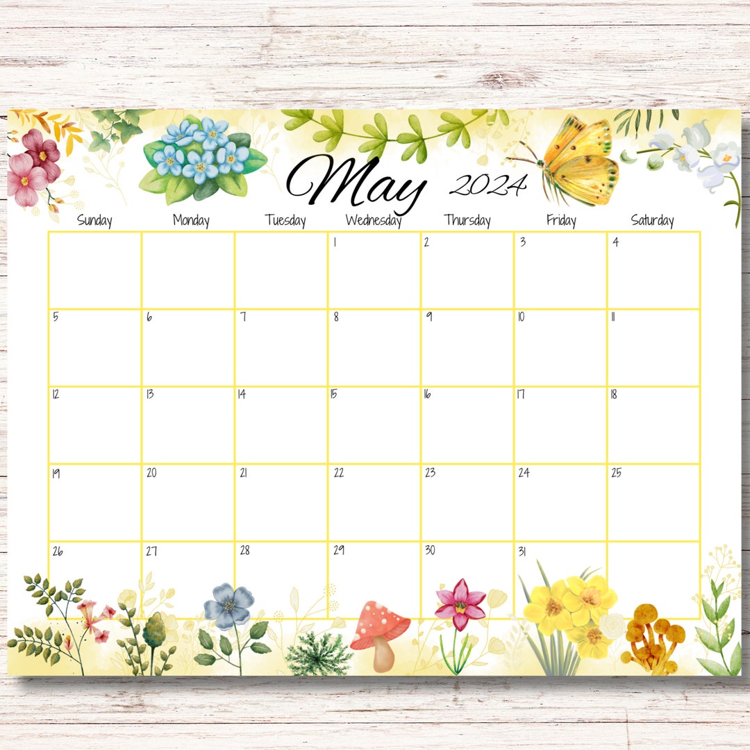 EDITABLE May 2024 Calendar, Colorful Flowers, Butterfly, Mushrooms ...