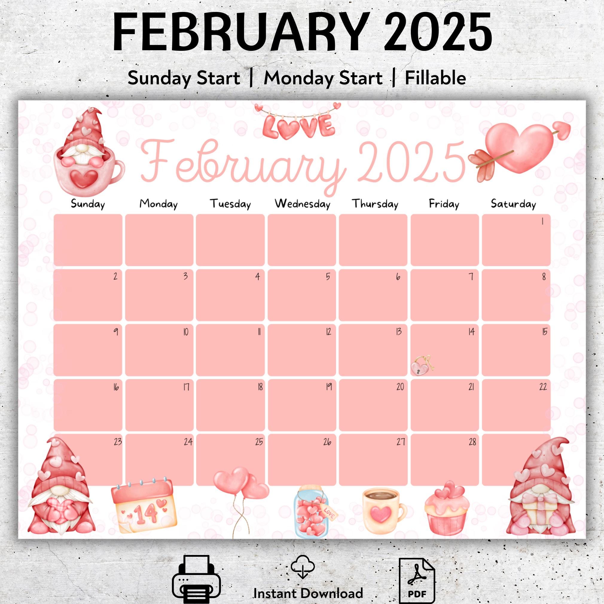 Calendario de febrero de 2025 EDITABLE, Día de San Valentín, Calendario ...