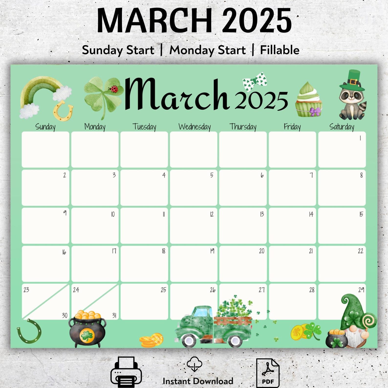EDITABLE March 2025 Calendar, Happy St. Patrick's Day, Horseshoe, Green ...