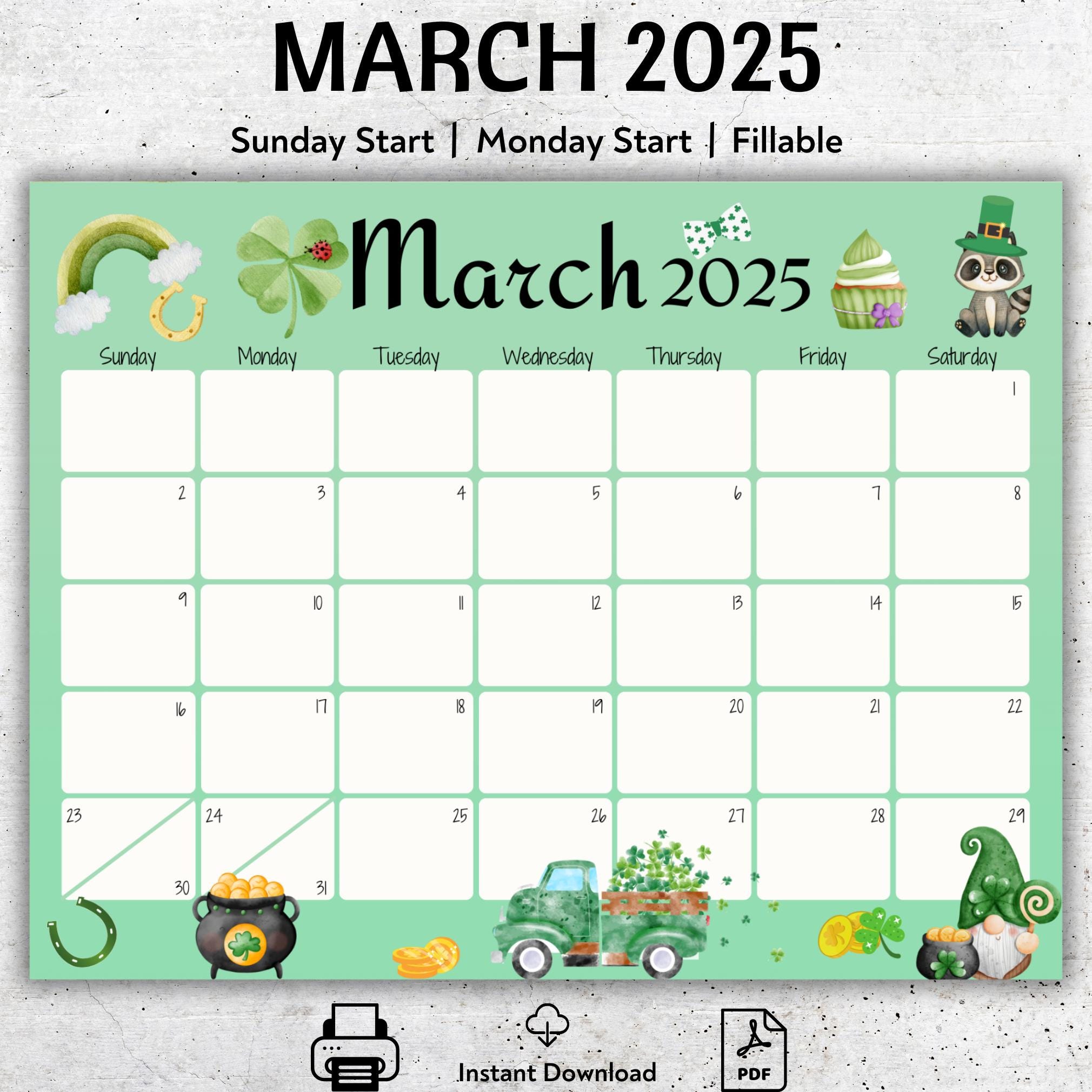 EDITABLE March 2025 Calendar, Happy St. Patrick's Day, Horseshoe, Green ...