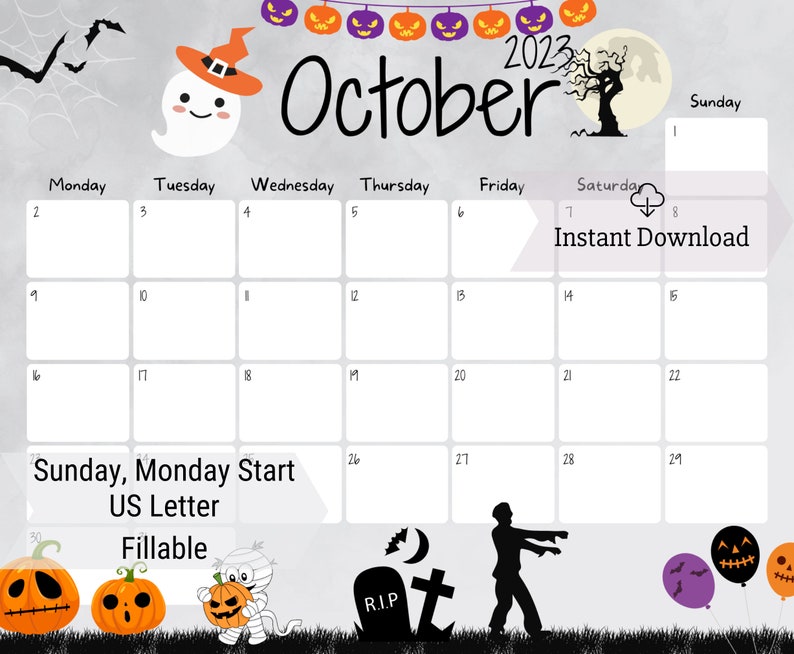 EDITABLE October 2023 Calendar, Happy Halloween, Pretty Ghost, Cute ...