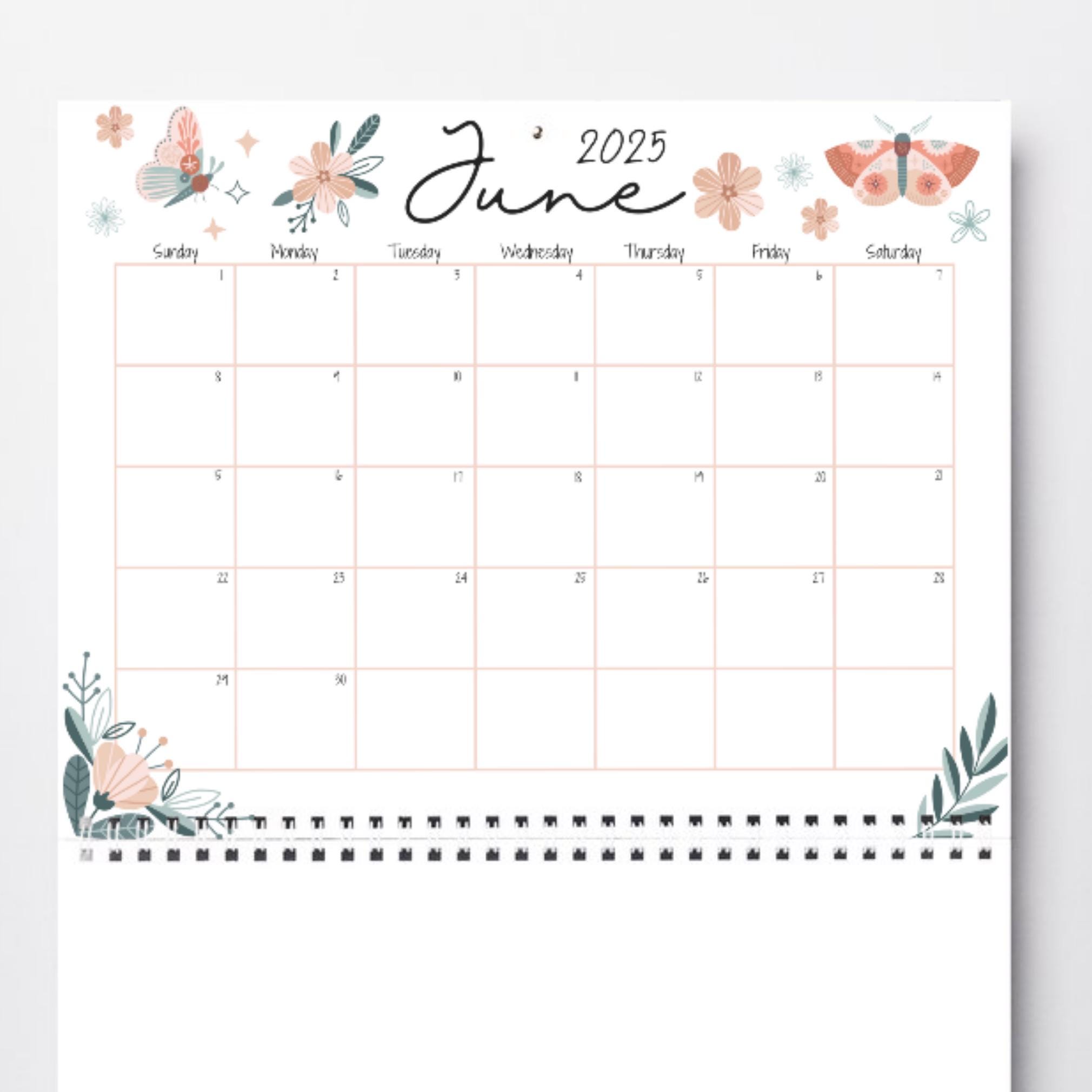 EDITABLE June 2025 Calendar, Boho Style, Beautiful Flowers and ...