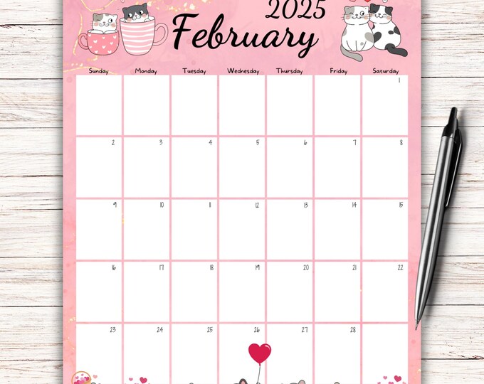 PRINTABLE Monthly Calendar, February 2025 PDF Download, Cute Kittens ...