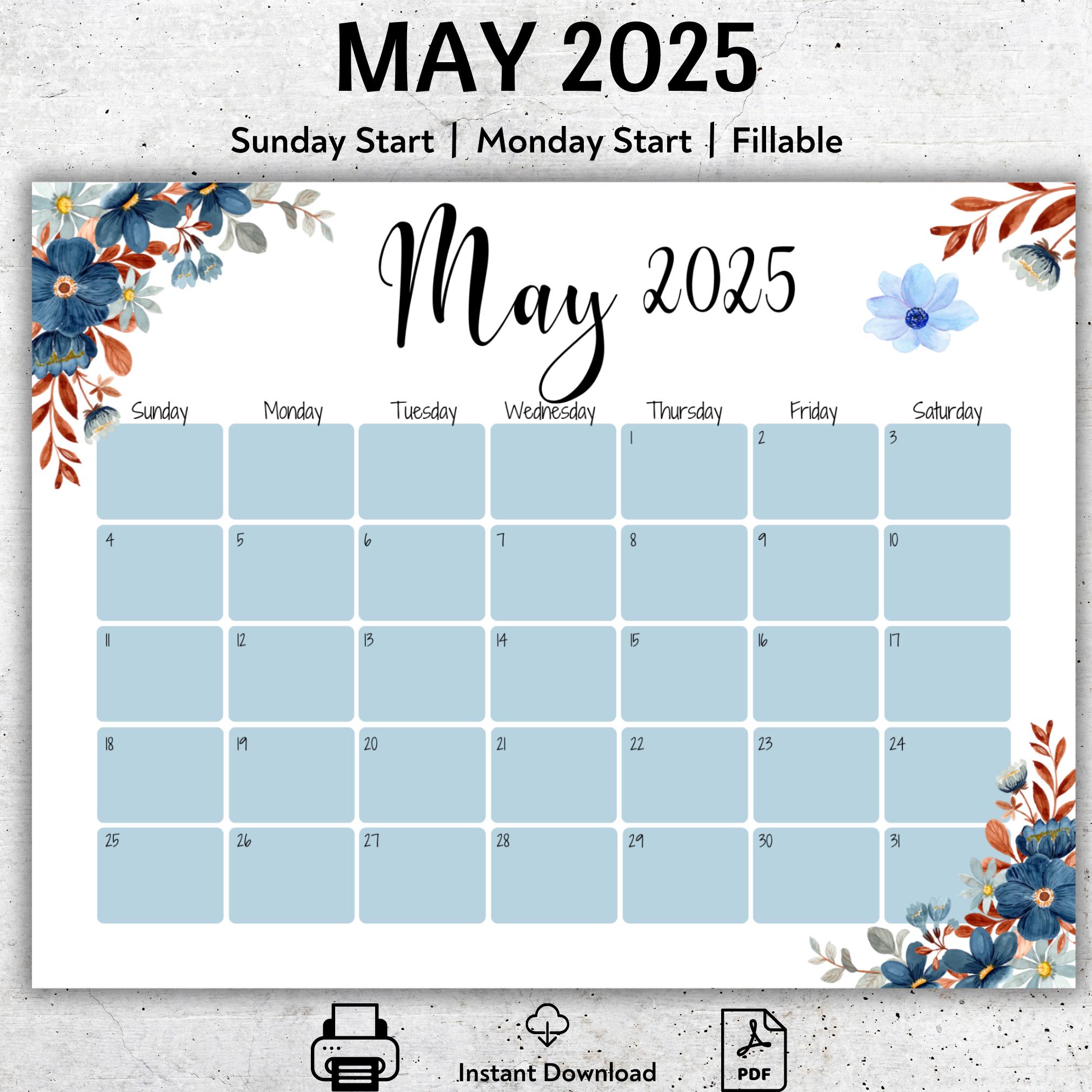 EDITABLE May 2025 Calendar, 2025 May Fillable Calendar, Printable May ...