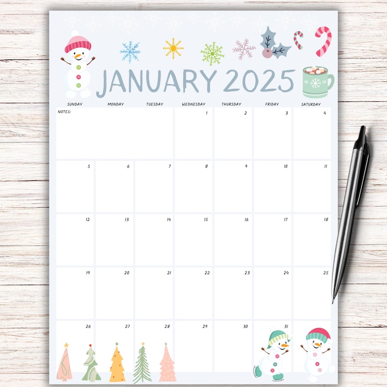 EDITABLE January 2025 Calendar, Beautiful Winter, Happy Snowmen ...
