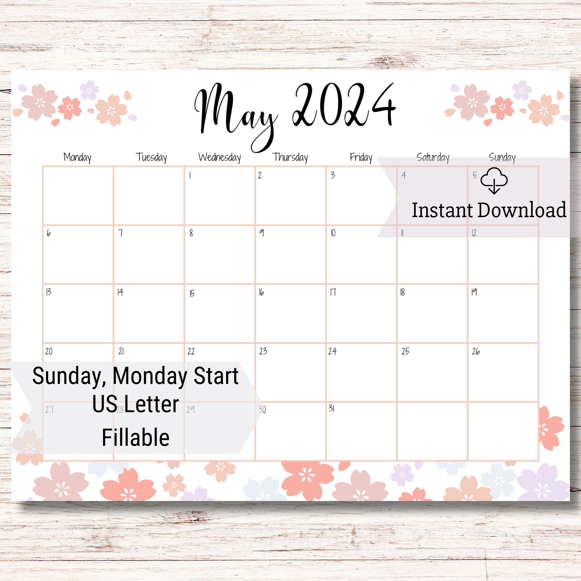 EDITABLE May 2024 Calendar, Colorful Flowers, Beautiful Spring ...