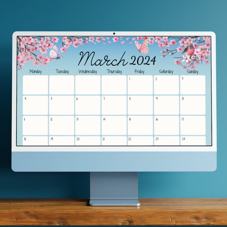 Editable 2024 March Calendar, Beautiful Spring, Cute Birds, Butterflies ...