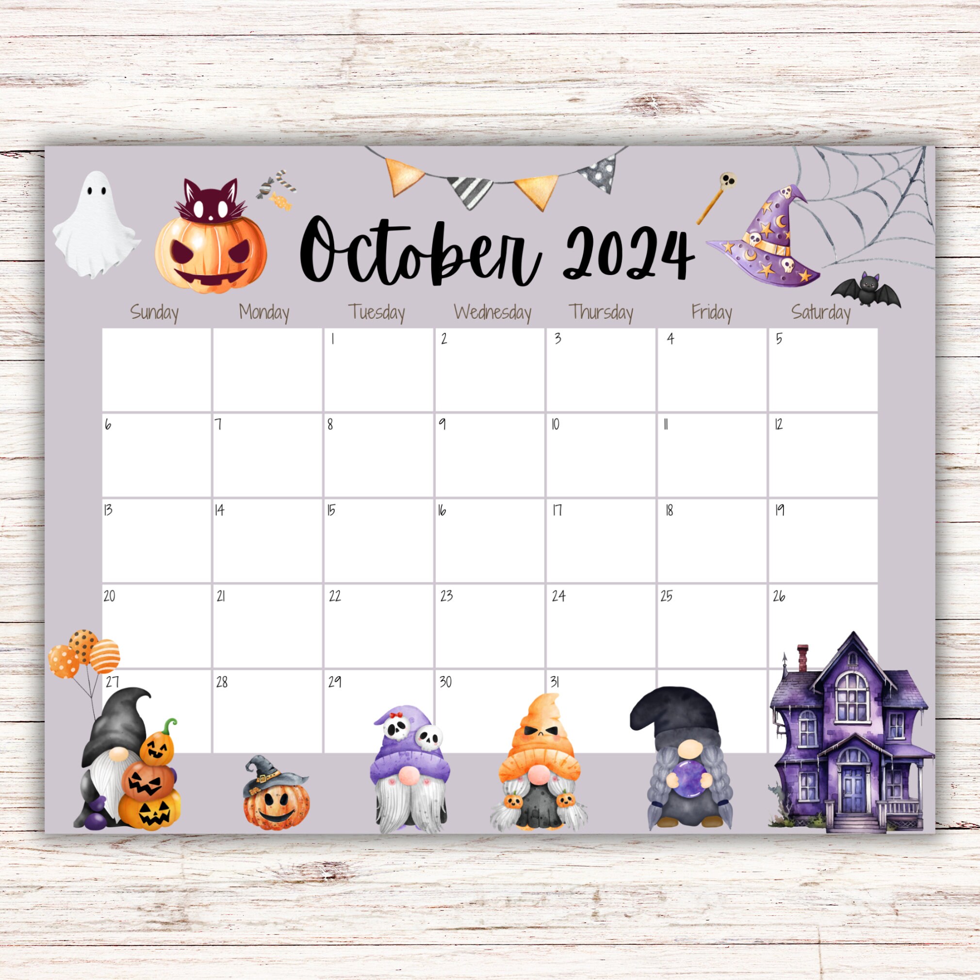 EDITABLE October 2024 Calendar, Happy Halloween, Pretty Ghost, Cute ...