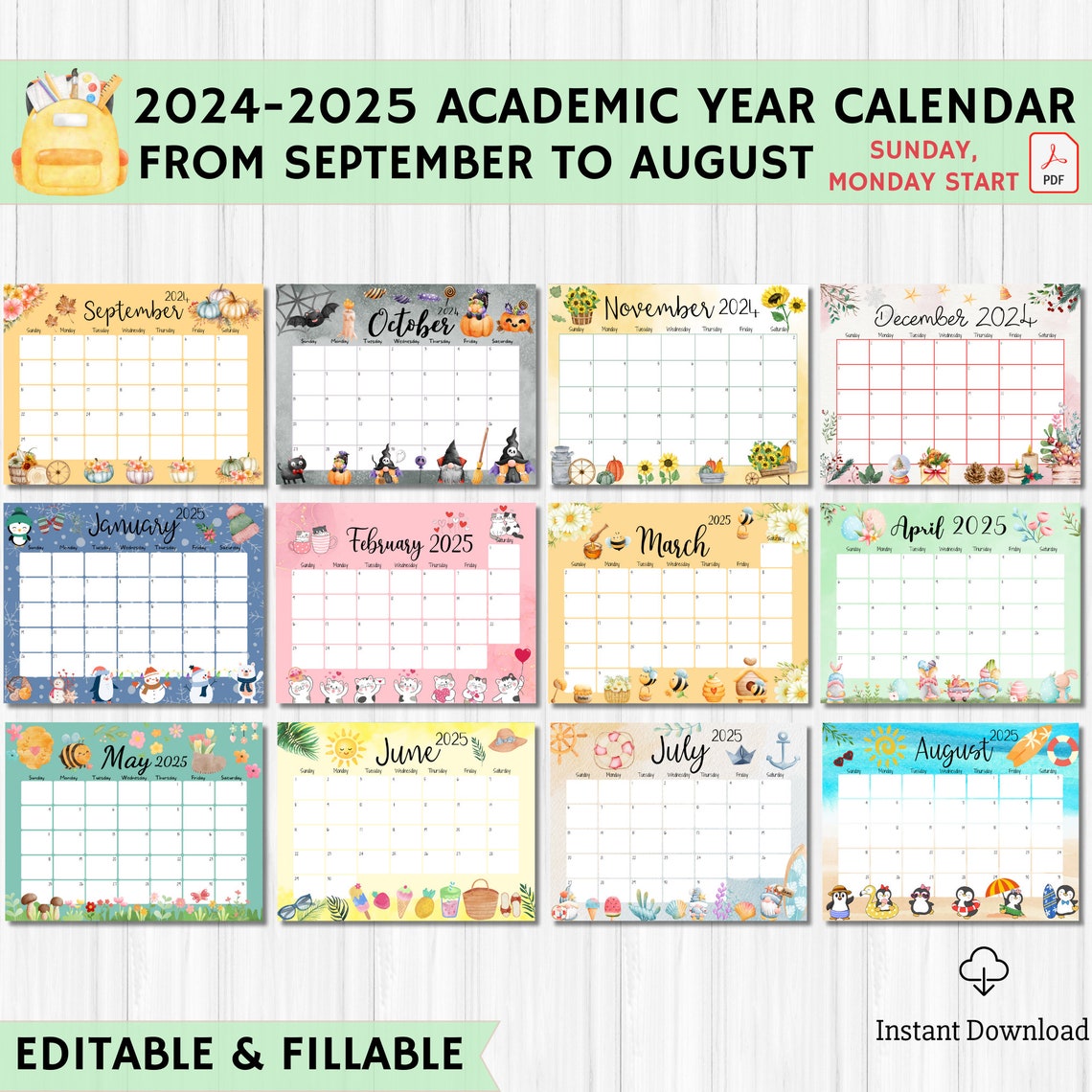 EDITABLE Academic Calendar 2024-2025 From September to August ...