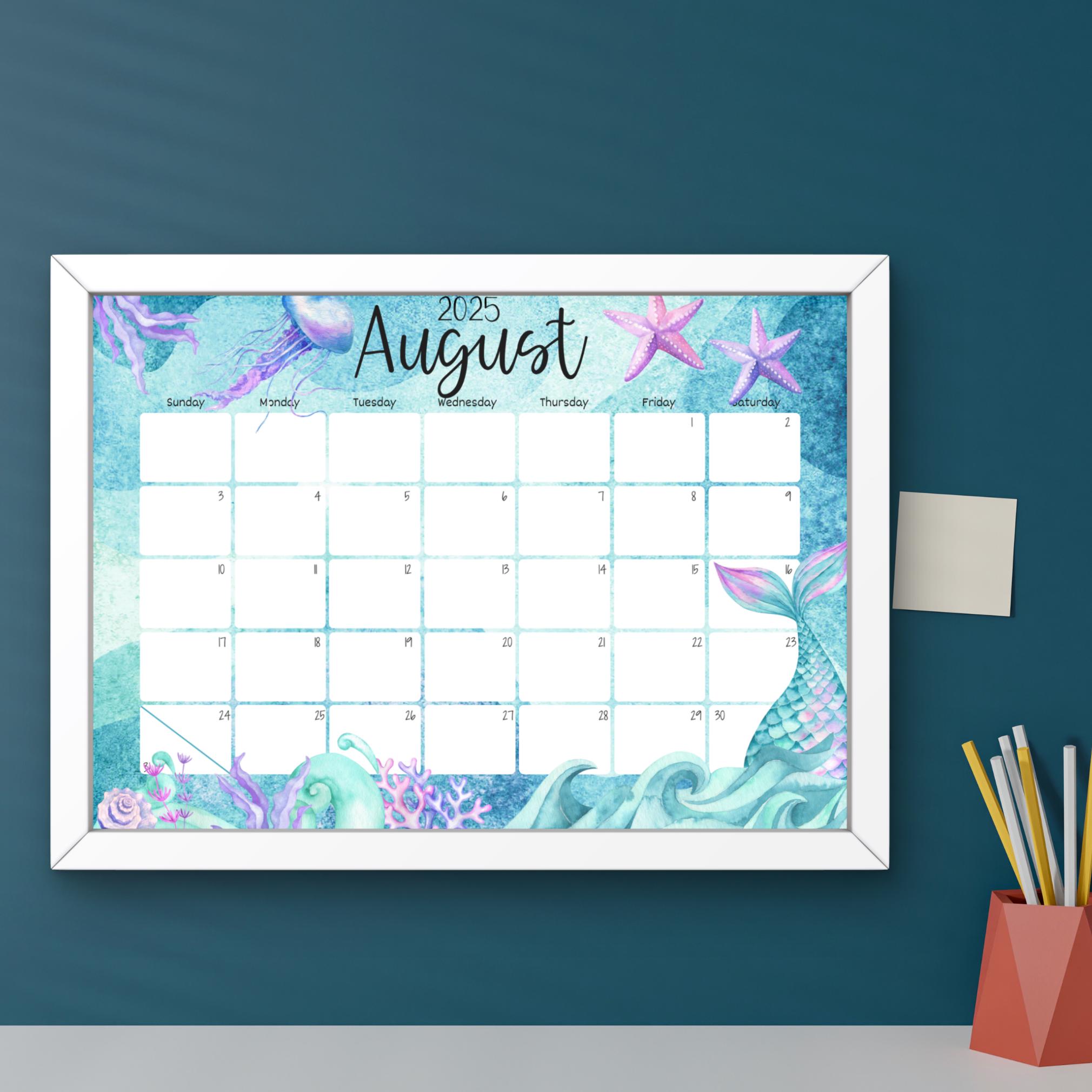EDITABLE August 2025 Calendar, Beautiful Blue Sea, Starfish, Jellyfish ...