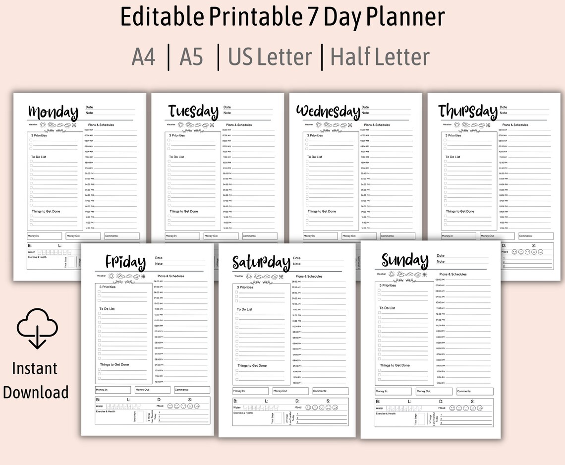 7 Day Planner Work Planner Printable Weekly Planner 365 - Etsy