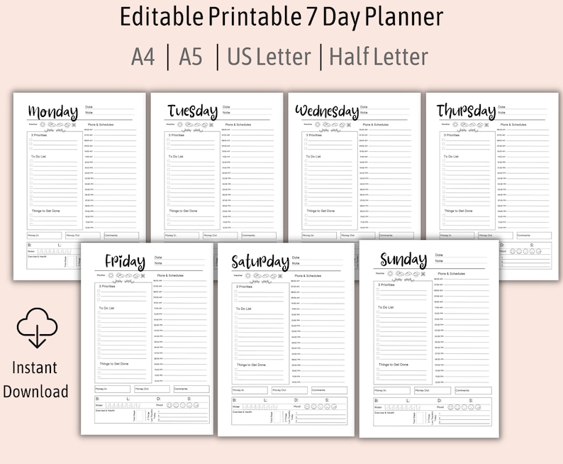 7 Day Planner Work Planner Printable Weekly Planner 365 - Etsy