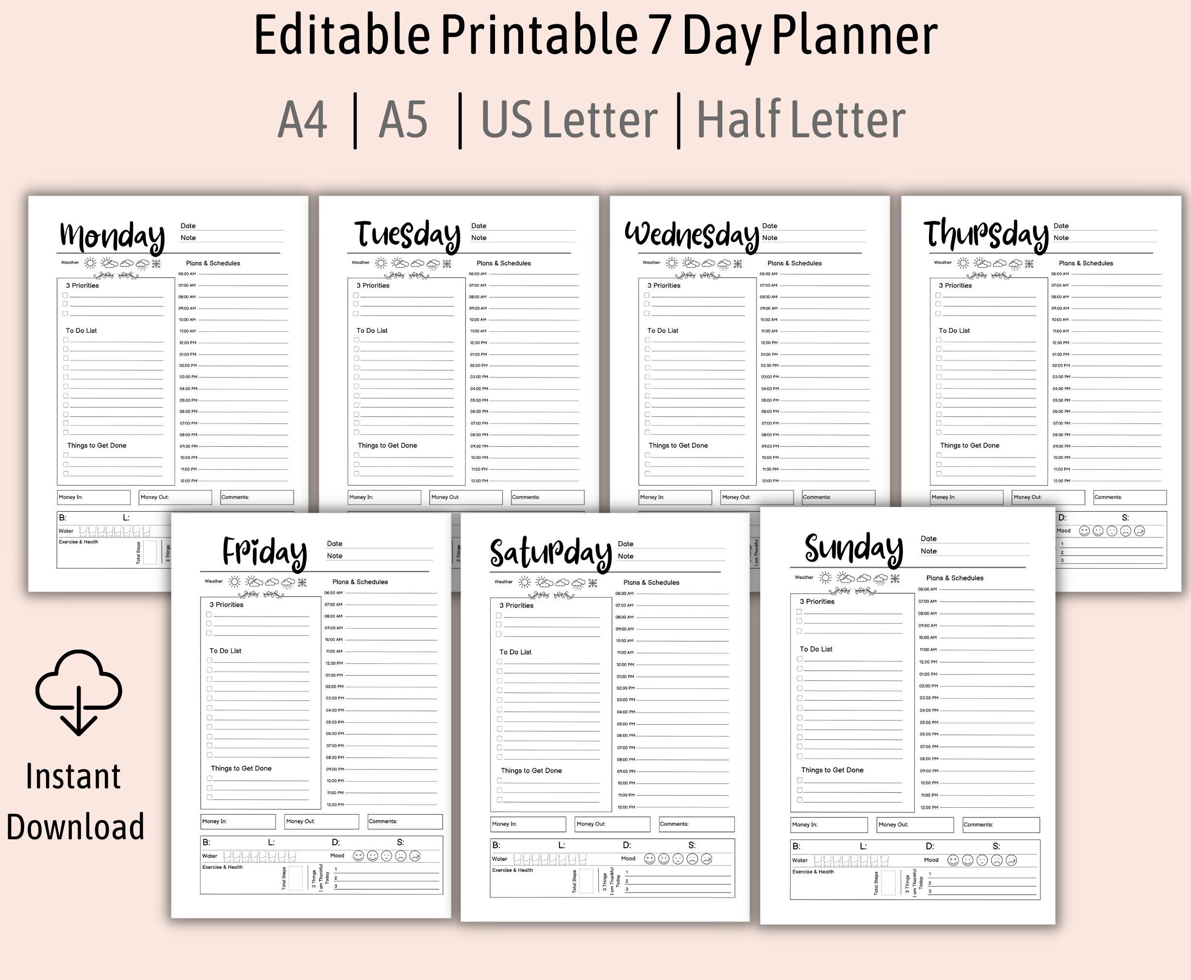 7 Day Planner Work Planner Printable Weekly Planner 365 - Etsy