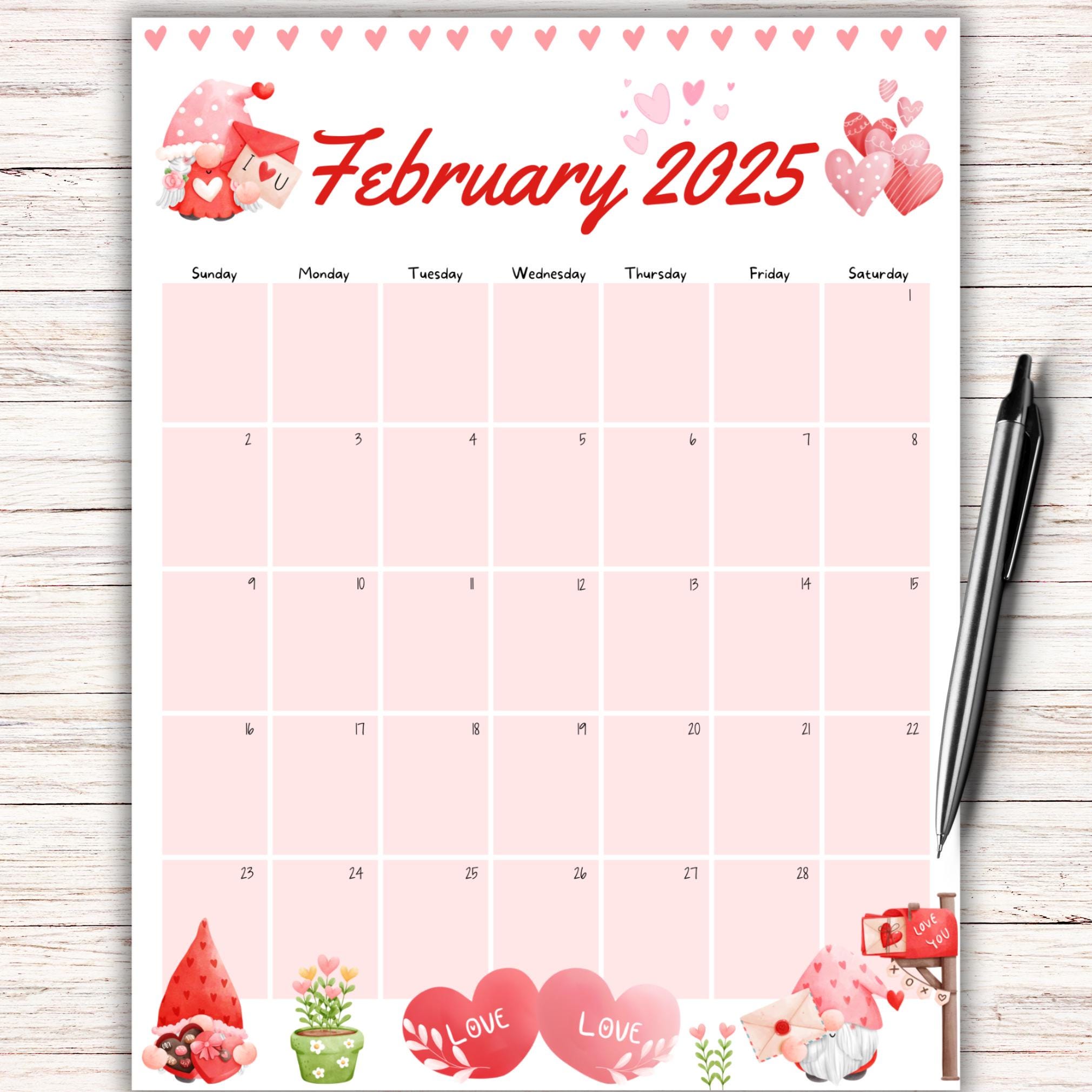 EDITABLE February 2025 Calendar, Valentine’s Day, Cute Gnoms, Printable ...