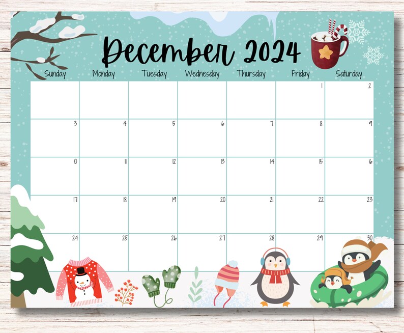 EDITABLE December 2024 Calendar, Cute Penguins, Beautiful Winter ...