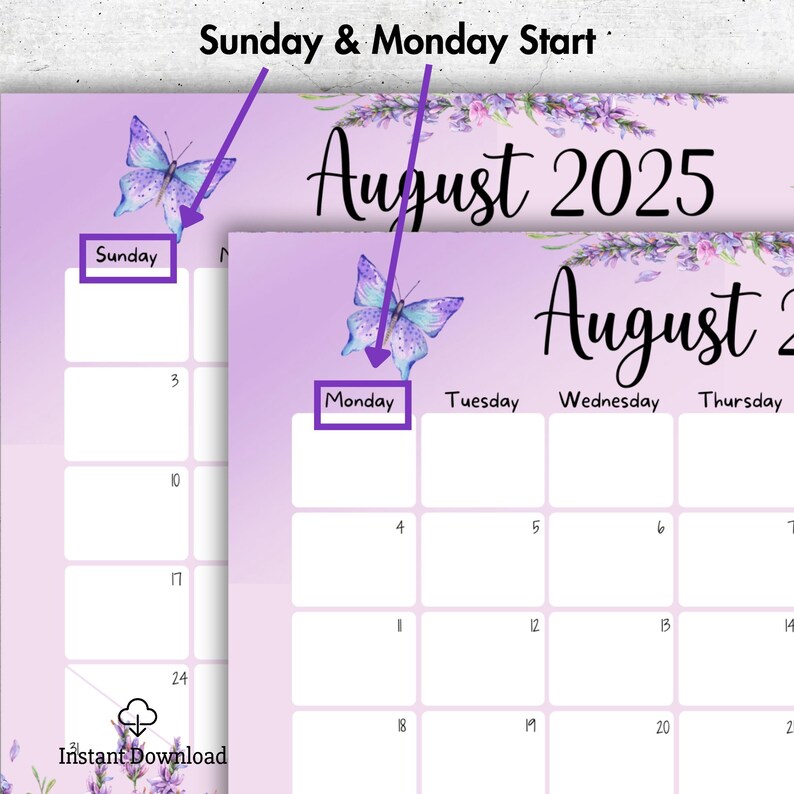 EDITABLE August 2025 Calendar, Beautiful Butterfly and Lavender ...