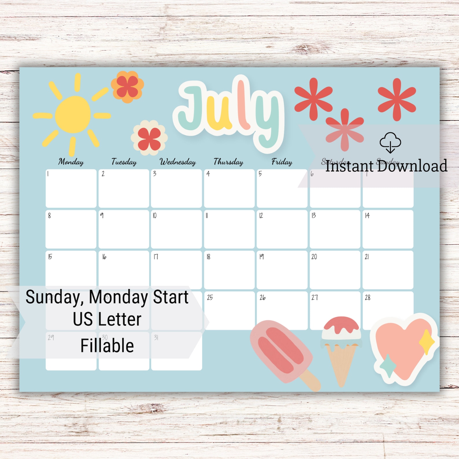 EDITABLE July 2024 Calendar, Colorful Happy Summer, Ice Creams and Sun ...