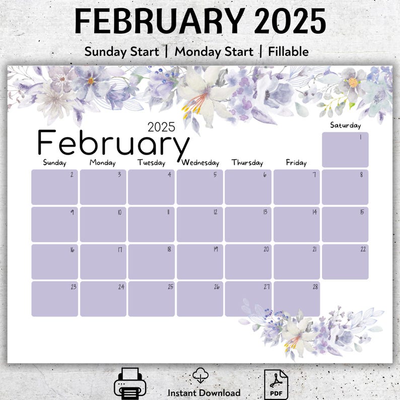 EDITABLE February 2025 Calendar, Beautiful Purple Flowers, Winter ...