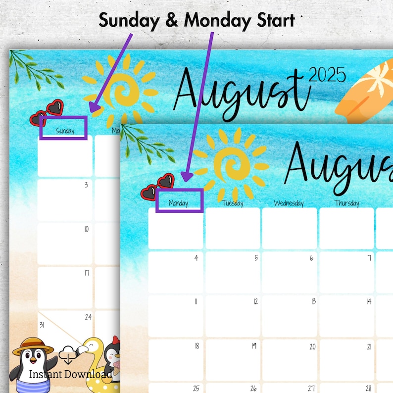 EDITABLE August 2025 Calendar, Beautiful Summer, Cute Penguins ...