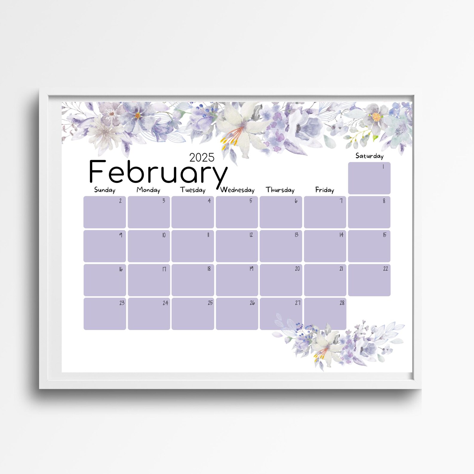 EDITABLE February 2025 Calendar, Beautiful Purple Flowers, Winter ...