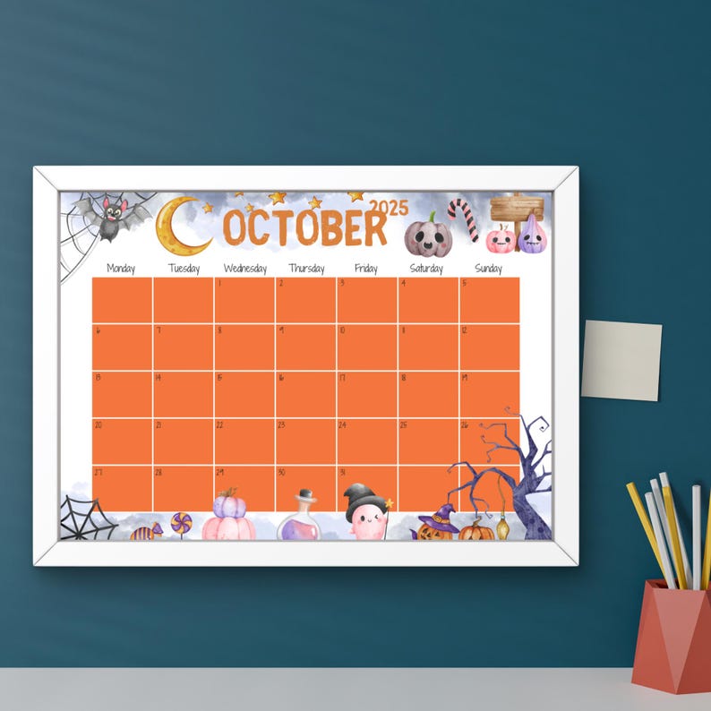 EDITABLE October 2025 Calendar, Happy Halloween, Pretty Ghost, Kid ...
