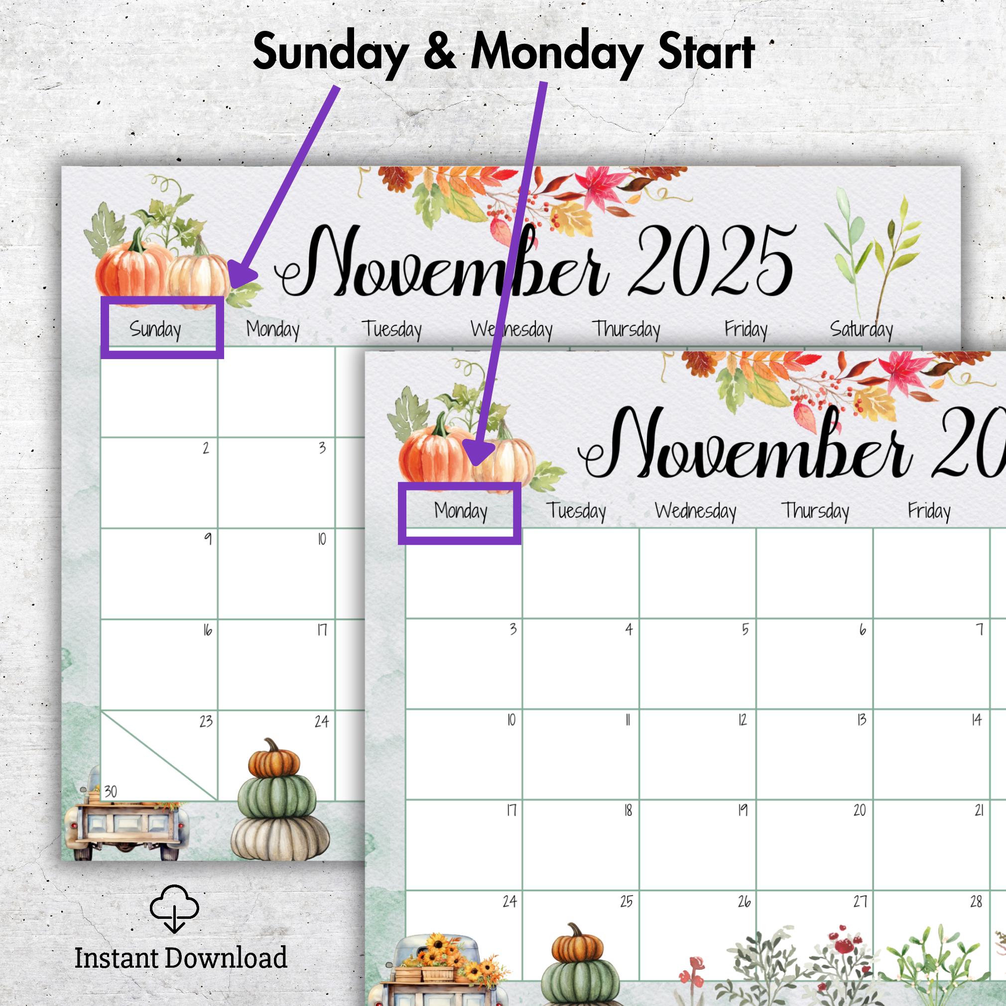 EDITABLE November 2025 Calendar, Colorful Pumpkins, Printable Planner ...