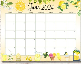 EDITABLE June 2024 Calendar, Yellow Lemons, Delicious Ice Creams, Green ...